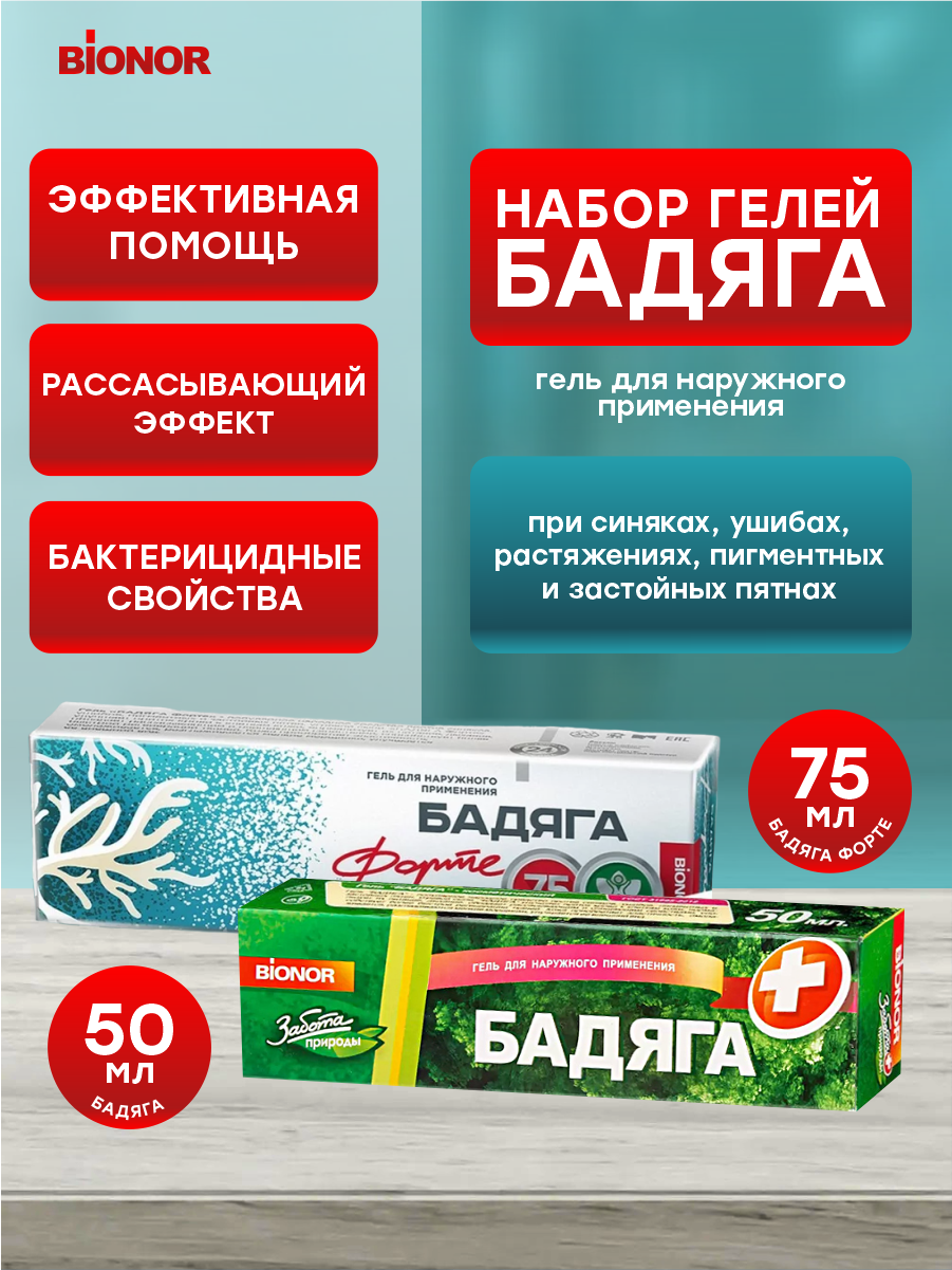 Набор Гелей для тела косметический Бадяга Форте Bionor Farm 75 мл. + Бадяга Bionor 50 мл