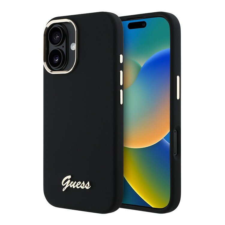 Guess силиконовый чехол для iPhone 16, Liquid silicone Gold metal logo & Camera frame, черный