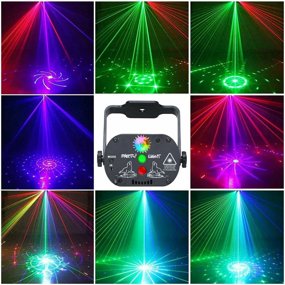 Мини лазерный проектор 60 рисунков. Светомузыка (Цветомузыка) с пультом дистанционного управления для дома или небольших помещений.