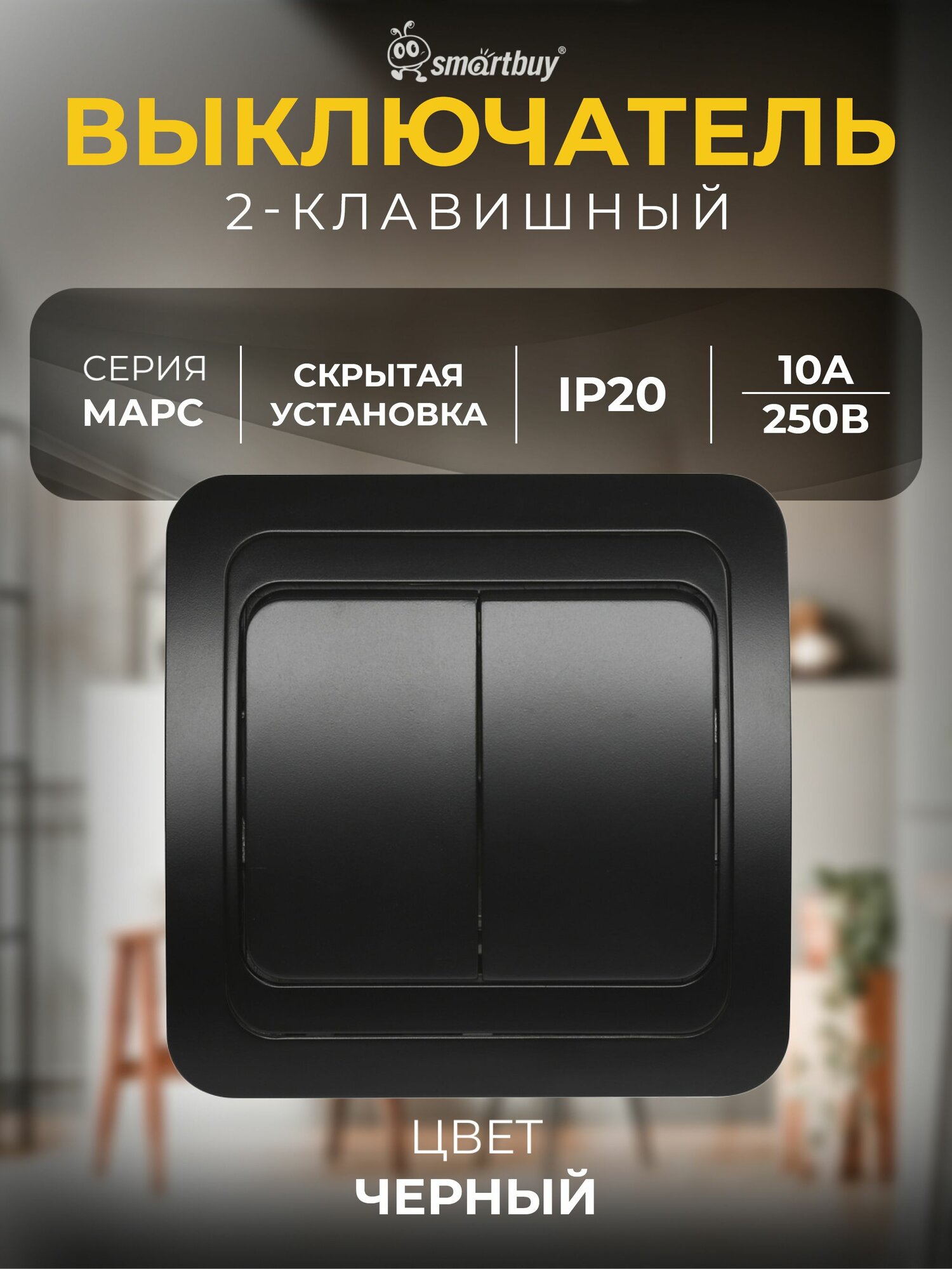 Выключатель Smartbuy 2-клавишный 10А "Марс" (SBE-02b-10-SW2-0-c), черный
