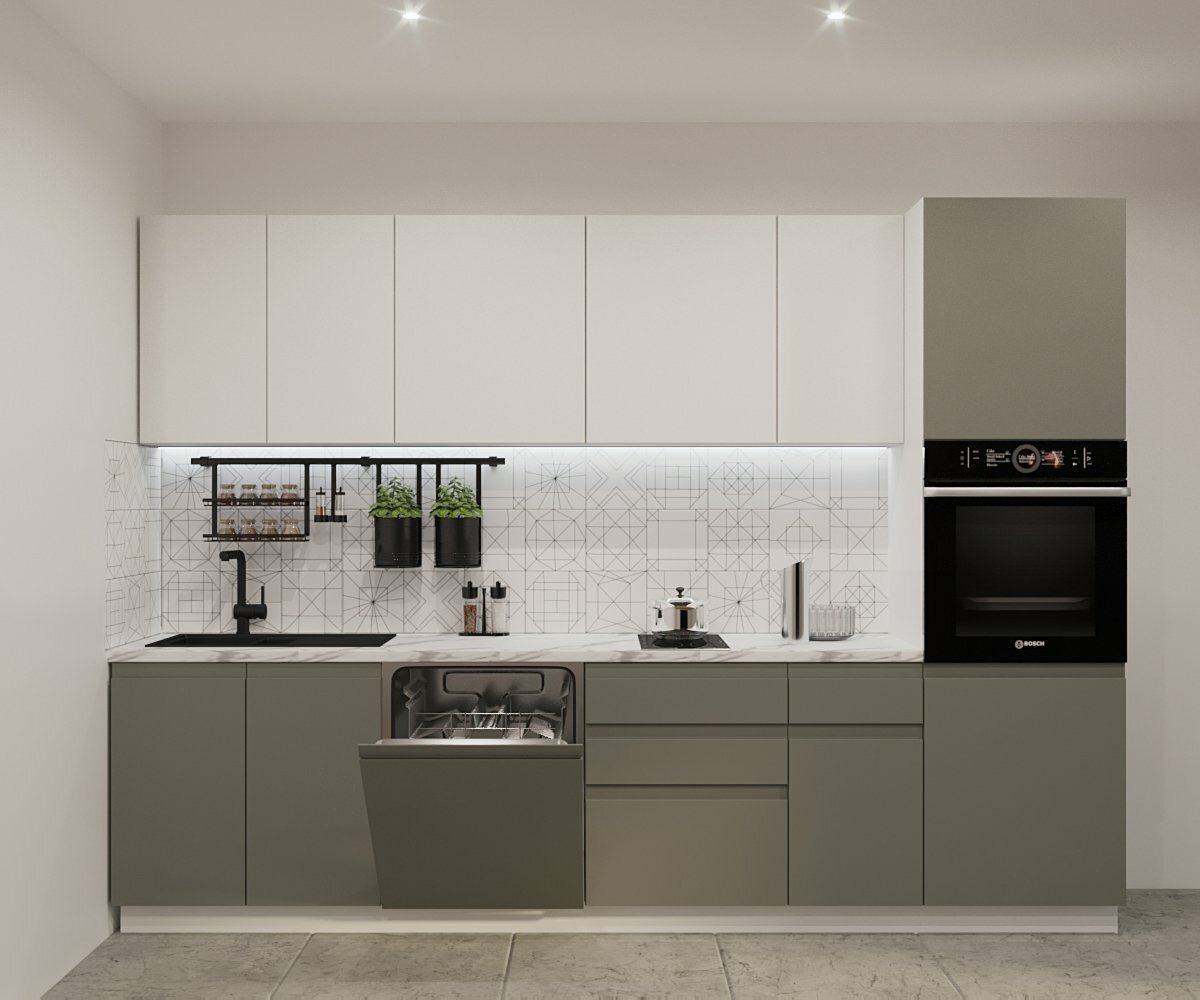 Кухонный гарнитур Лайн Тальк/Обсидиан, 3000 мм, фасады МДФ, с пеналом для техники