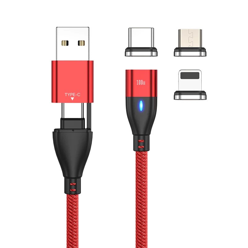 Магнитный USB-кабель типа C, 100 Вт, 5 А, кабель для быстрой зарядки Micro 1,8 м, Red with 3Tips