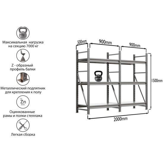 Система хранения Ironmebel optimus pro h-1500 zn, 3 яруса, 2000x500 мм, M-ССГР1500ОЦ2000500