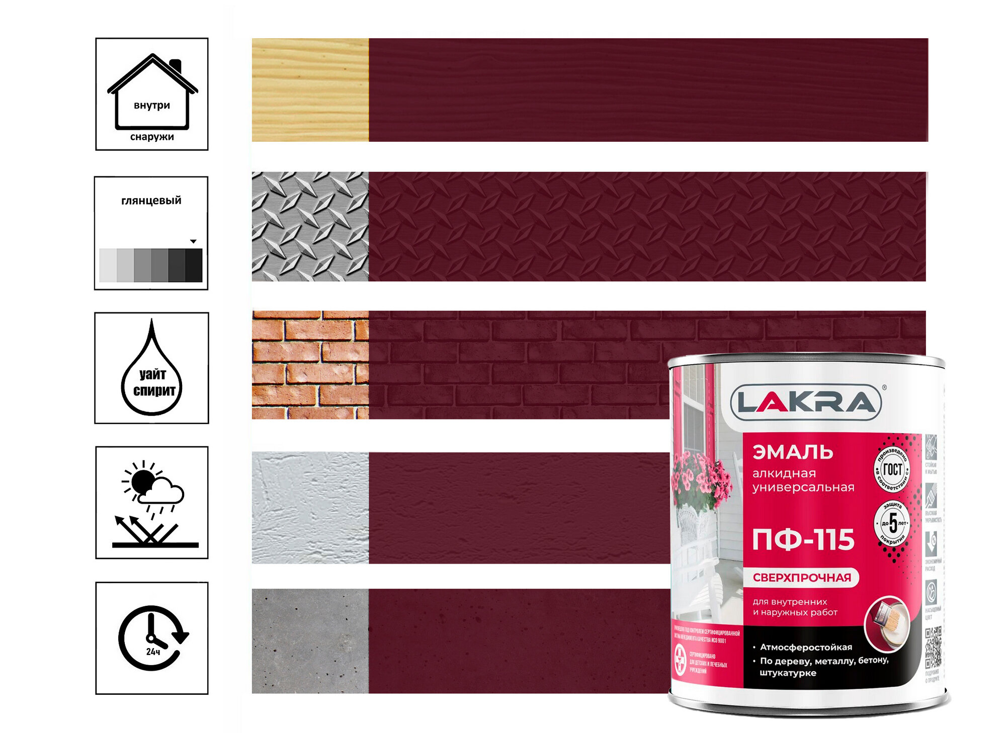Эмаль Лакра ПФ-115 Л_ПФ-115_1, глянцевая, вишневая, для дерева, металла, бетона, 1кг