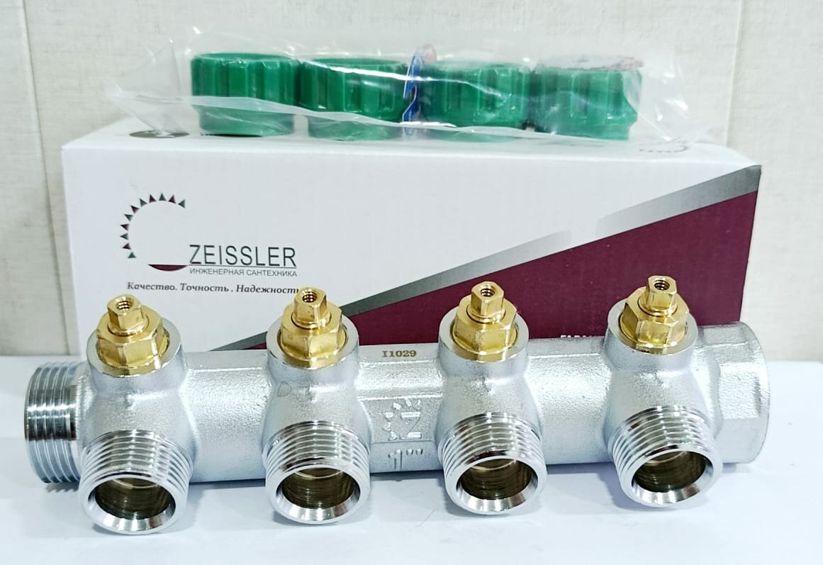 Коллектор регулирующий под евроконус, 4 отвода, 1"х3/4", Zeissler, ZSc.401.0604NE