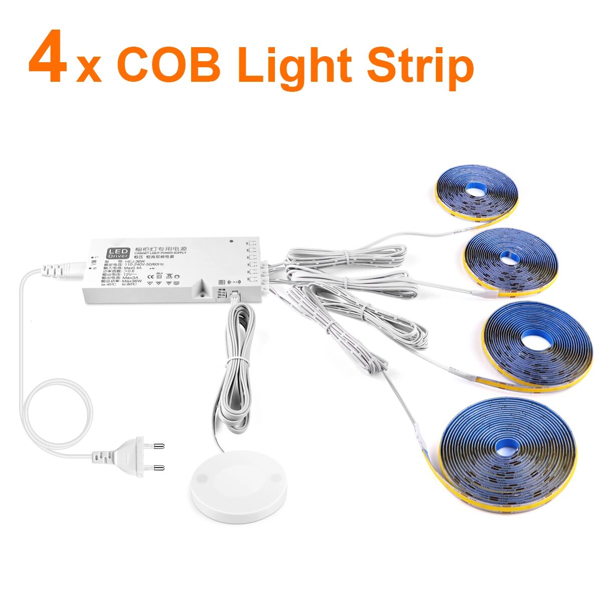 COB светодиодная лента 3м, 4шт, Warm White, EU Plug
