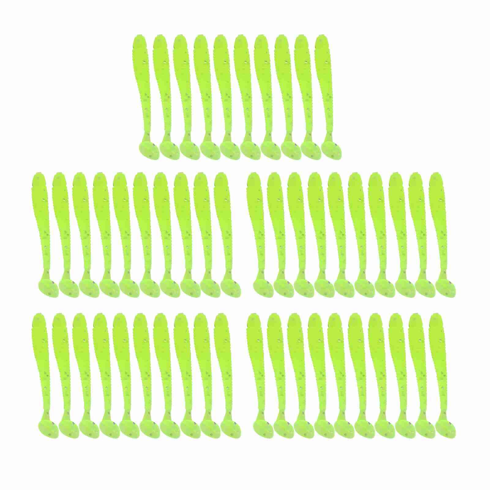 50PCS 5cm Soft Plastic Fishing Lures T tail Worm Baits Fish Tackle Accessory Fluorescent Green