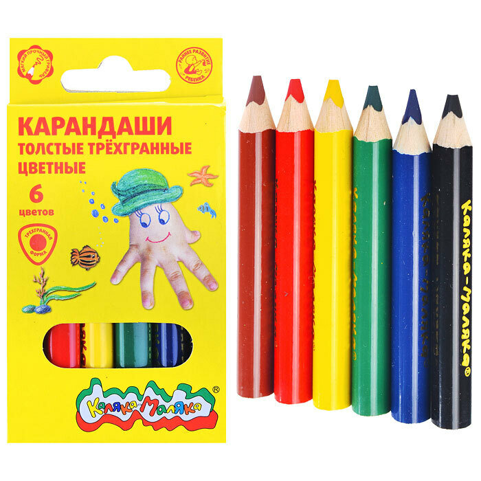 Карандаши цветные Каляка-Маляка 6 цветов, трехгранные, укороченные, толстые (КТТКМ6)