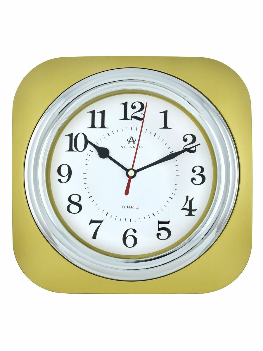 Часы настенные Atlantis 693, кварцевые, плавный ход, арабские цифры, пластик, золотистые, 23*23см