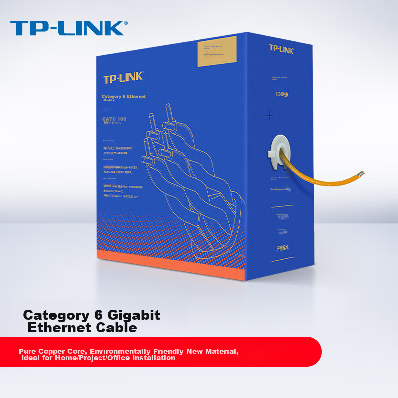 TP-LINK CAT6 Gigabit Ethernet Cable, Original CAT6 Unshielded High-Speed Network Cable, Pure Copper Twisted Pair, Home Network Monitoring Wiring, 100-Meter Box Cable EC6-100 (Orange)