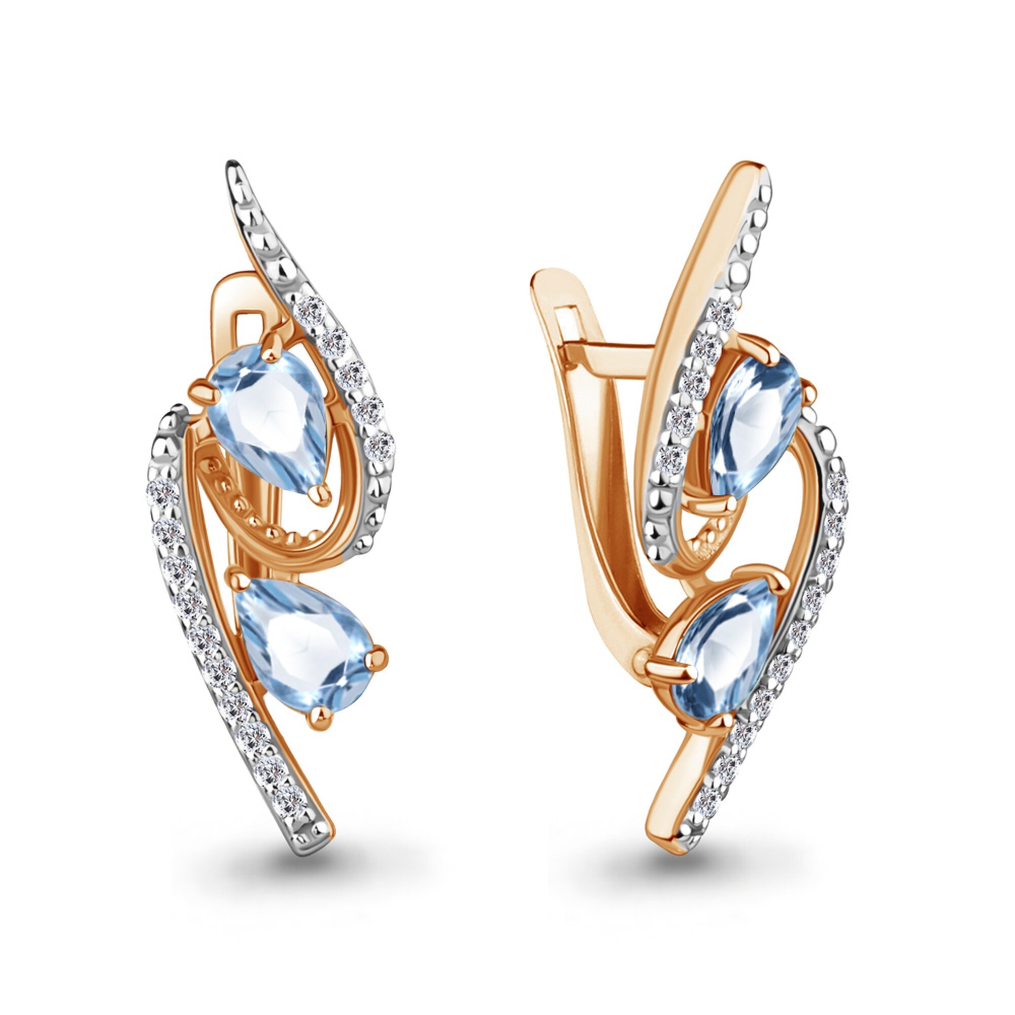 Серьги, серебро, 925 проба, золочение, фианит, топаз