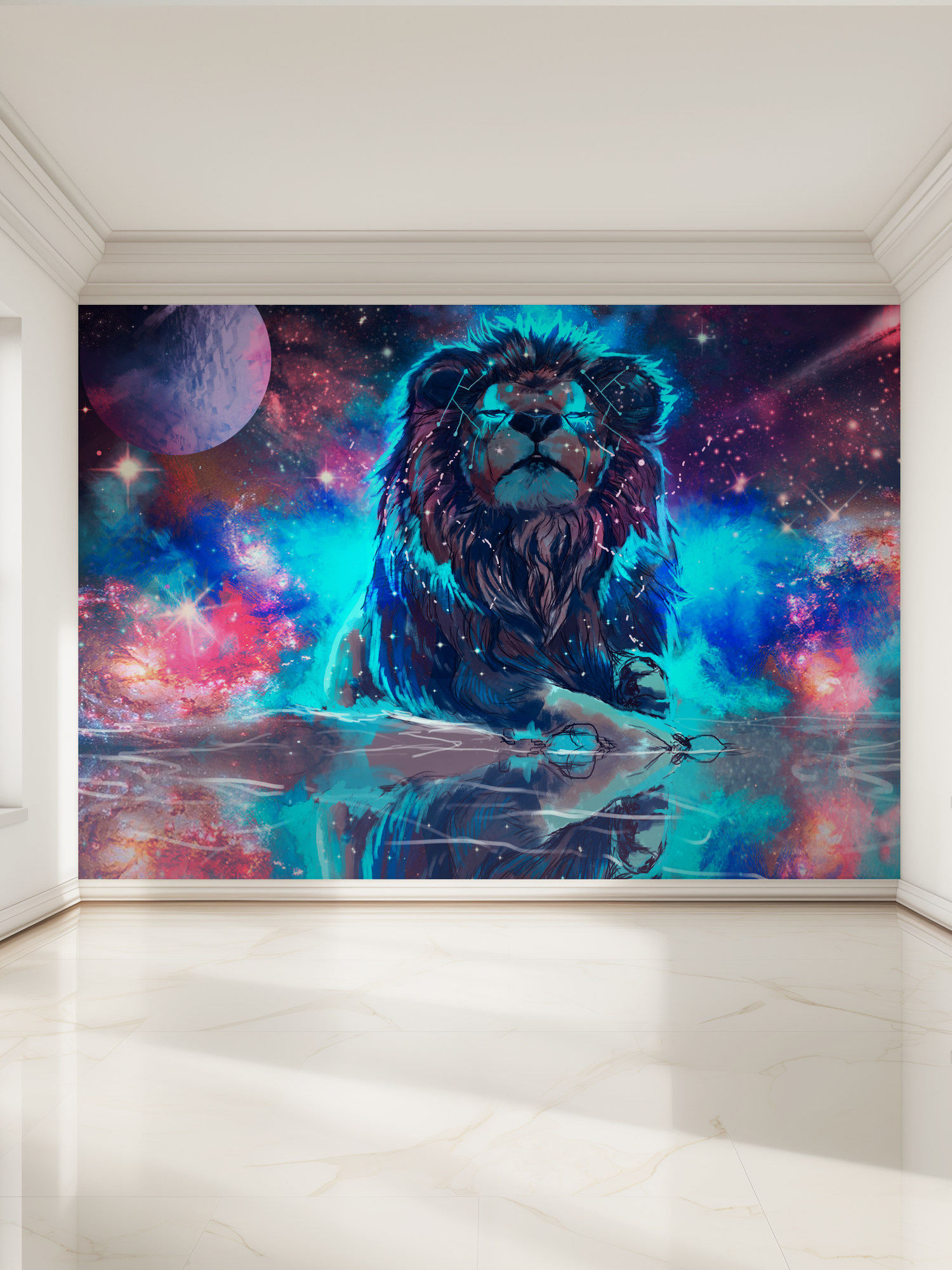 Фотообои 3д на стену "Космос и лев", флизелиновые 400х280 см на кухню, спальню, зал, в гостиную