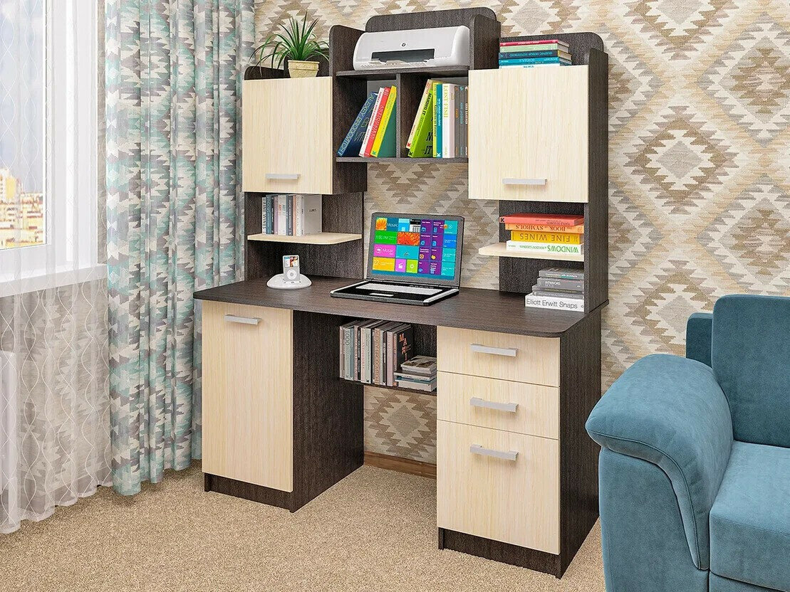 Стол компьютерный КС-9 с надстройкой, венге / молочный дуб