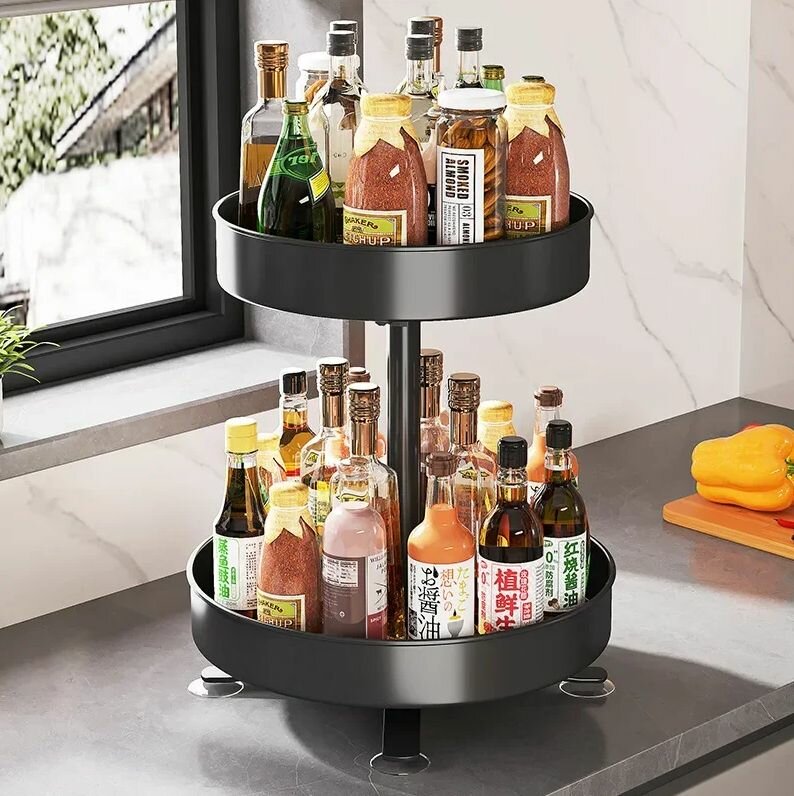 Подставка для специй круглая двухуровневая/Стойка для специй/Органайзер для кухни, размер 31х31х40 см. Цвет : черный