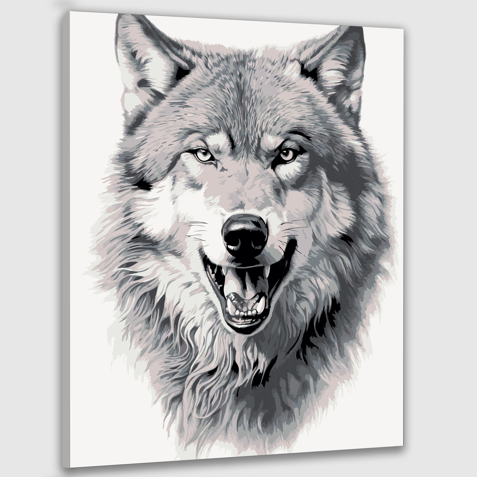 Картина по номерам 40x50 см, графитовый рисунок, голова волка, сложная текстура, затенение, волчьи зубы, грубая мощь