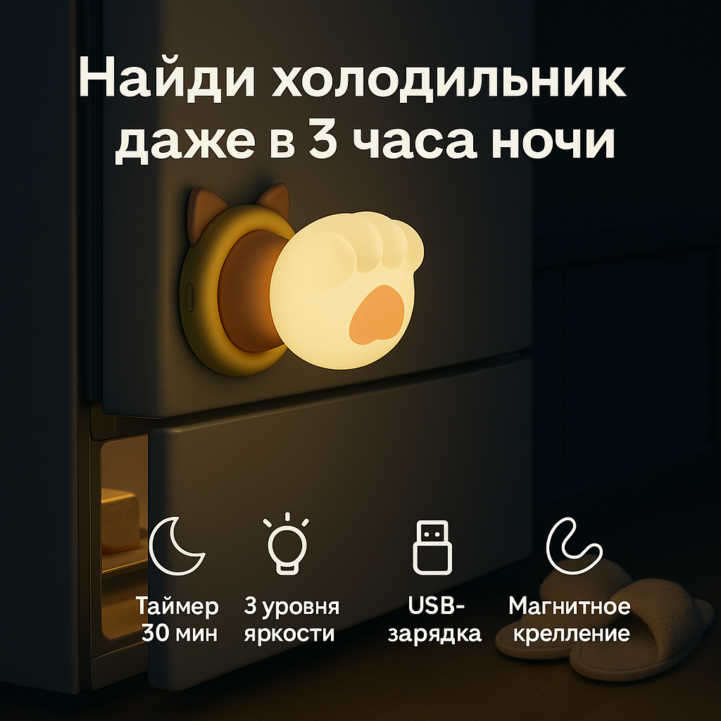 Ночник "Кошачья Лапка", На магните, USB-зарядка, 1 Вт, встроенный аккумулятор, таймер, розовый