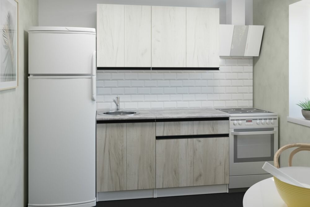 Кухонный гарнитур Паола медиум 1400, Цвет Дуб грей/Дуб браун, ширина 140 см, с навесными шкафами, с выдвижными ящиками, с тумбой под мойку