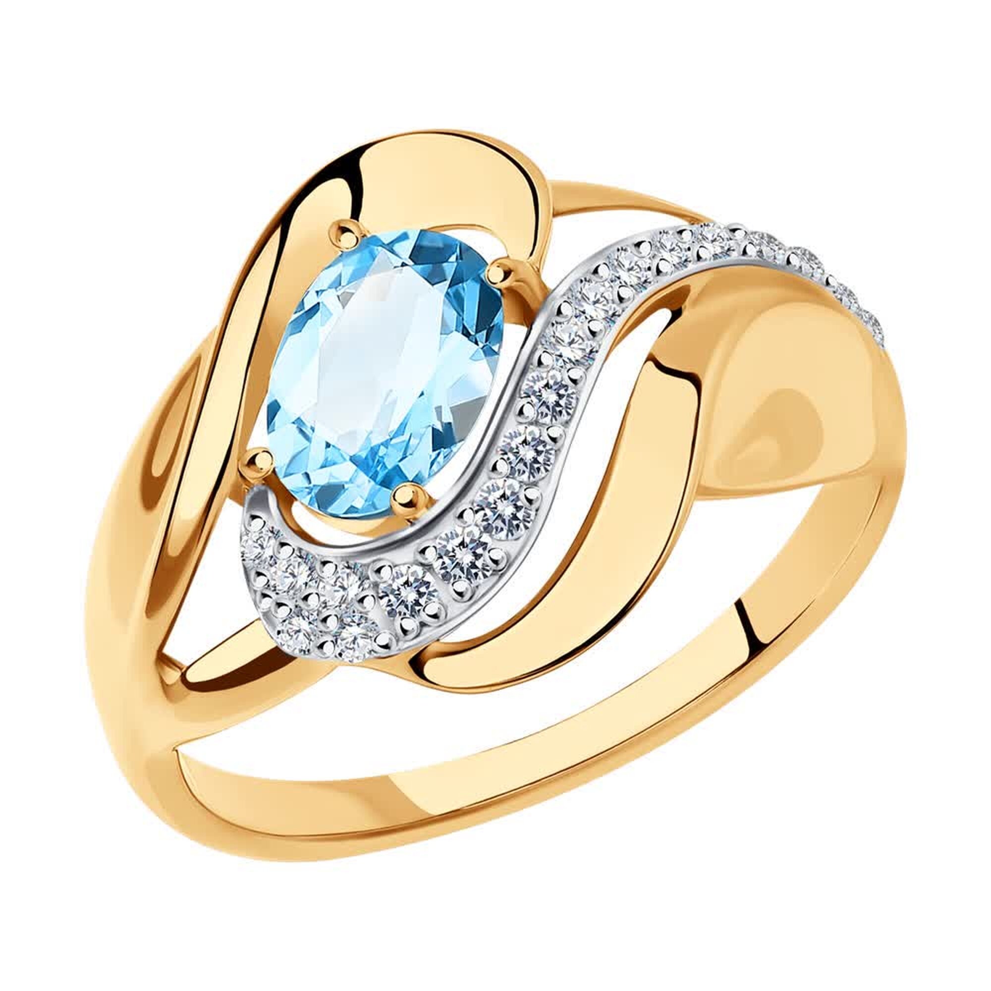 Кольцо широкое, красное золото, 585 проба, фианит, топаз