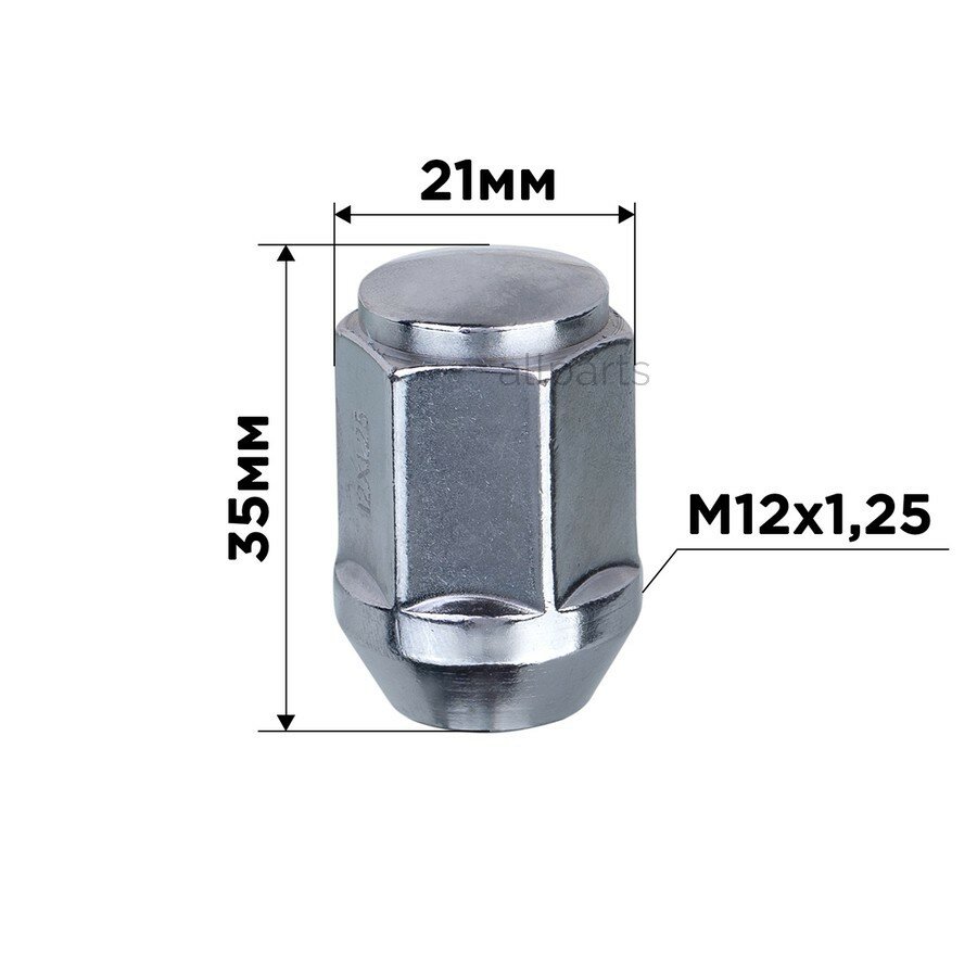 SKYWAY S10602010 S10602010 Гайка конус M12х1,25 закрытая с выступом 35мм ключ 21мм хром SKYWAY 010 (в компл.20 шт)