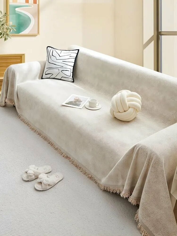 Дивандек, для дивана, из шенилла, 340 см, светло-бежевый/хаки, двусторонний