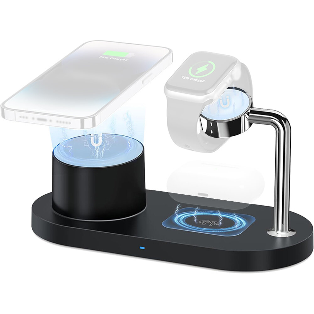 Станция для зарядки 3-в-1 Mag-Safe с магнитным беспроводным зарядным стандом, совместимая с iPhone/Watch/AirPods, универсальный держатель для зарядки телефонов, черный, белый (опционально), материал ABS+цинковый сплав, размер упаковки 19.5*12*10см, вес