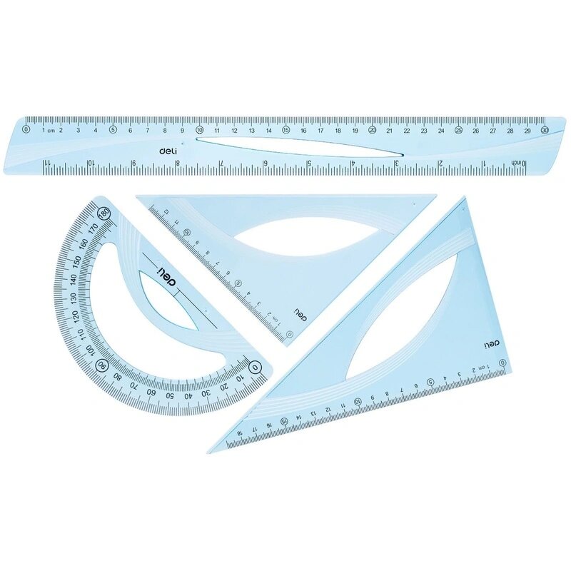 Набор чертежный Deli EH13 большой: лин 30см, угольн 19и13см, трансп 12см, голуб