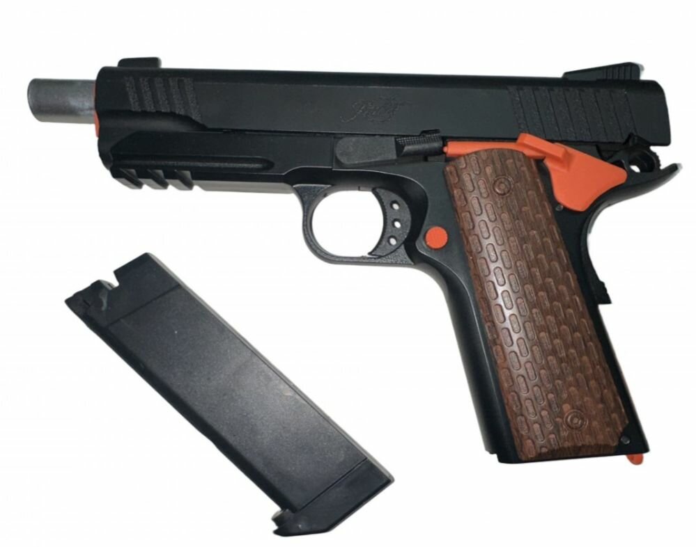 Гидробольный Орбиз Пистолет Colt 1911 - механический, Орибиган стреляет водяными мягкими гелевыми пулями, черный/оранжевый