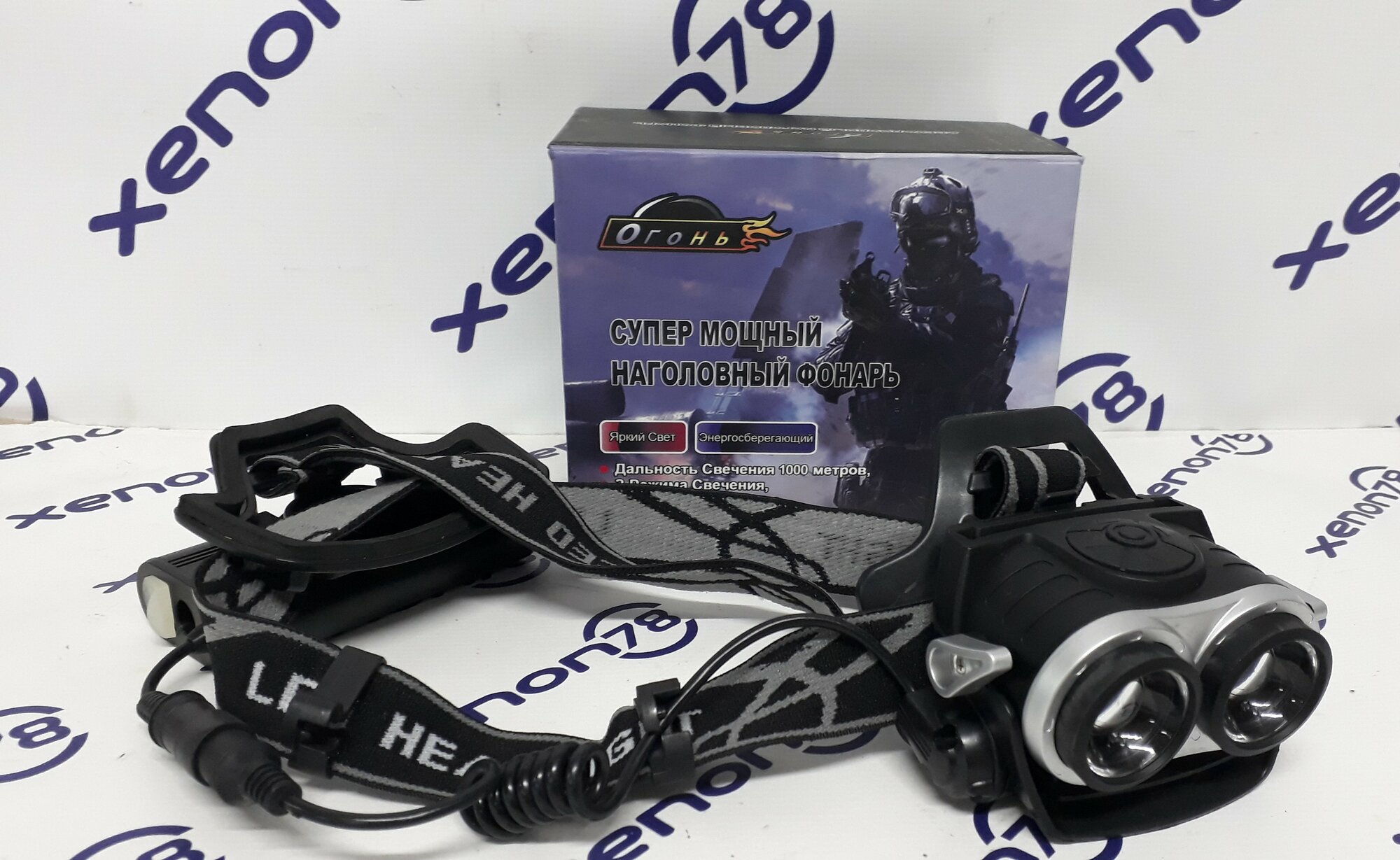 Светодиодный, налобный двухцветный (белый/синий) фонарик Огонь HT-414- T6 (2 аккумулятора 18650 8800 mAh, 9 режимов, Zoom) - 1 шт