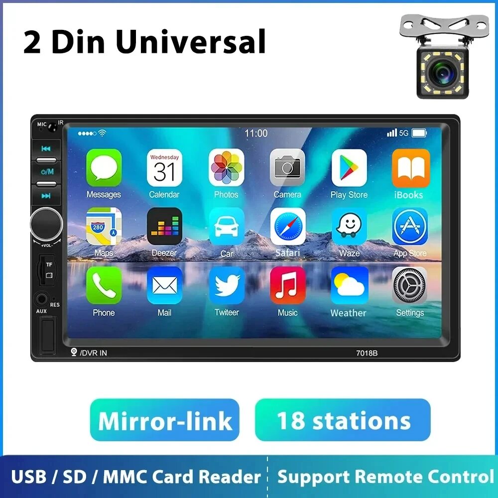 Podofo 2Din Автомобильный радиоприемник 7 "HD Авторадио Мультимедийный плеер 2din with 12 led Cam