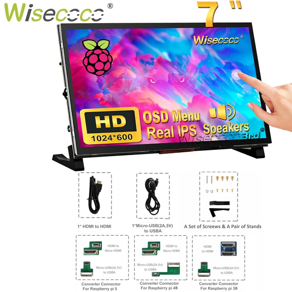 Wisecoco 7-дюймовый сенсорный монитор Raspberry Pi 1024x600 HD IPS 450 нит дисплей яркости