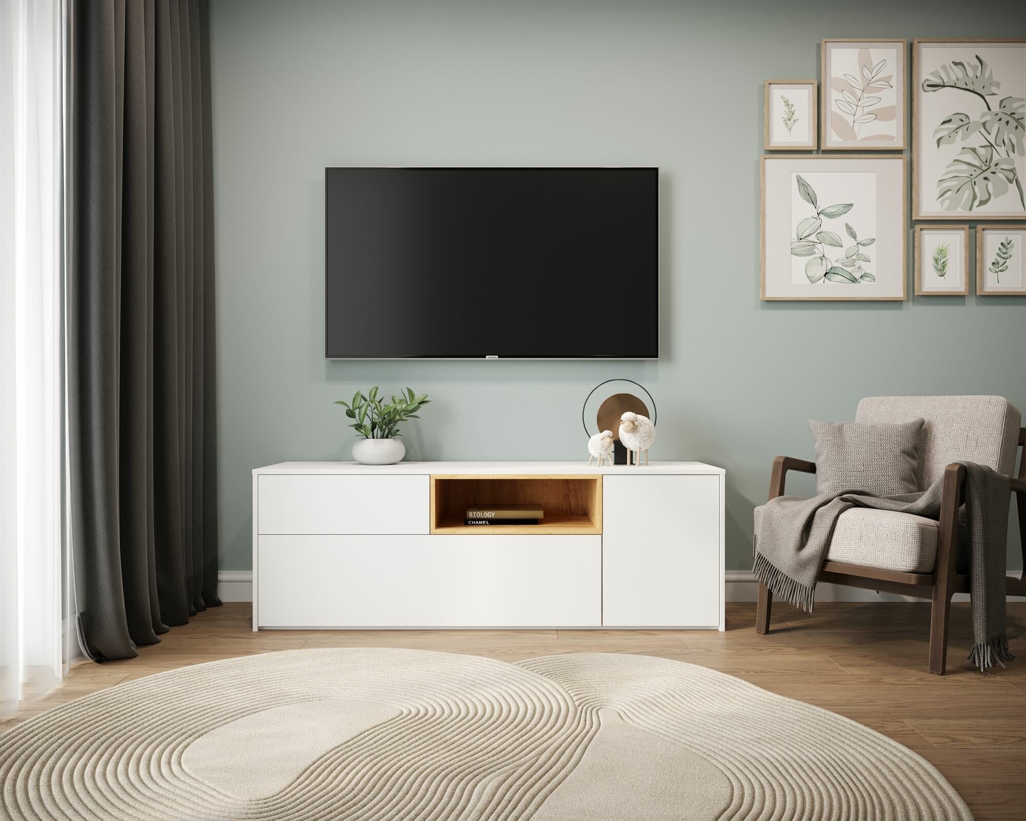 Тумба под ТВ с ящиками "Рокки 2" 160х55х45 Белый / Дуб крафт золотой