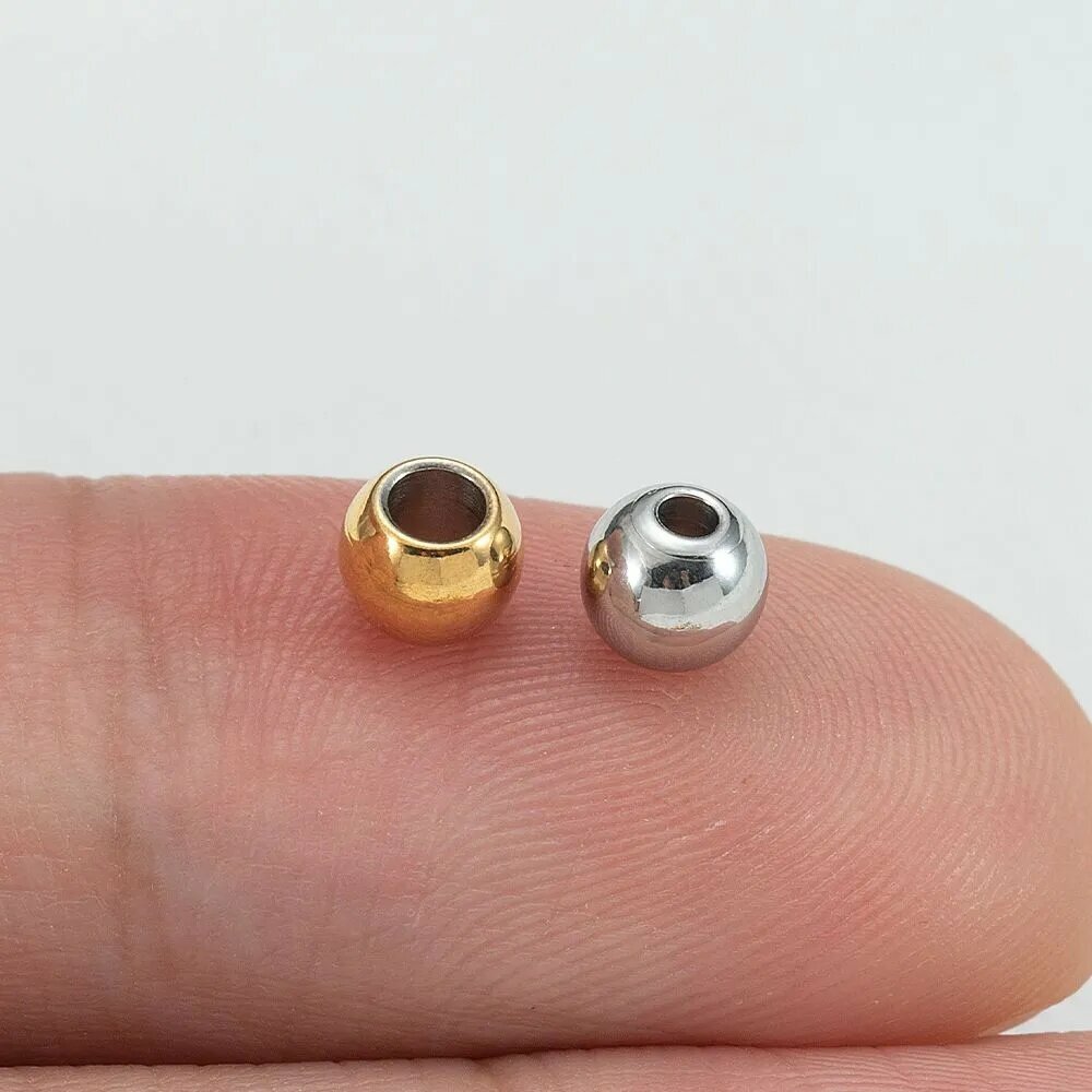 Бусины из нержавеющей стали-серебристые, диаметр 3 мм, отверстия для бусин 1,2 мм-100 шт