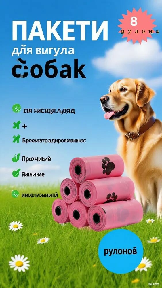 Пакеты для собак биоразлагаемые, для выгула собак, 8 рулона, Paws&Tails