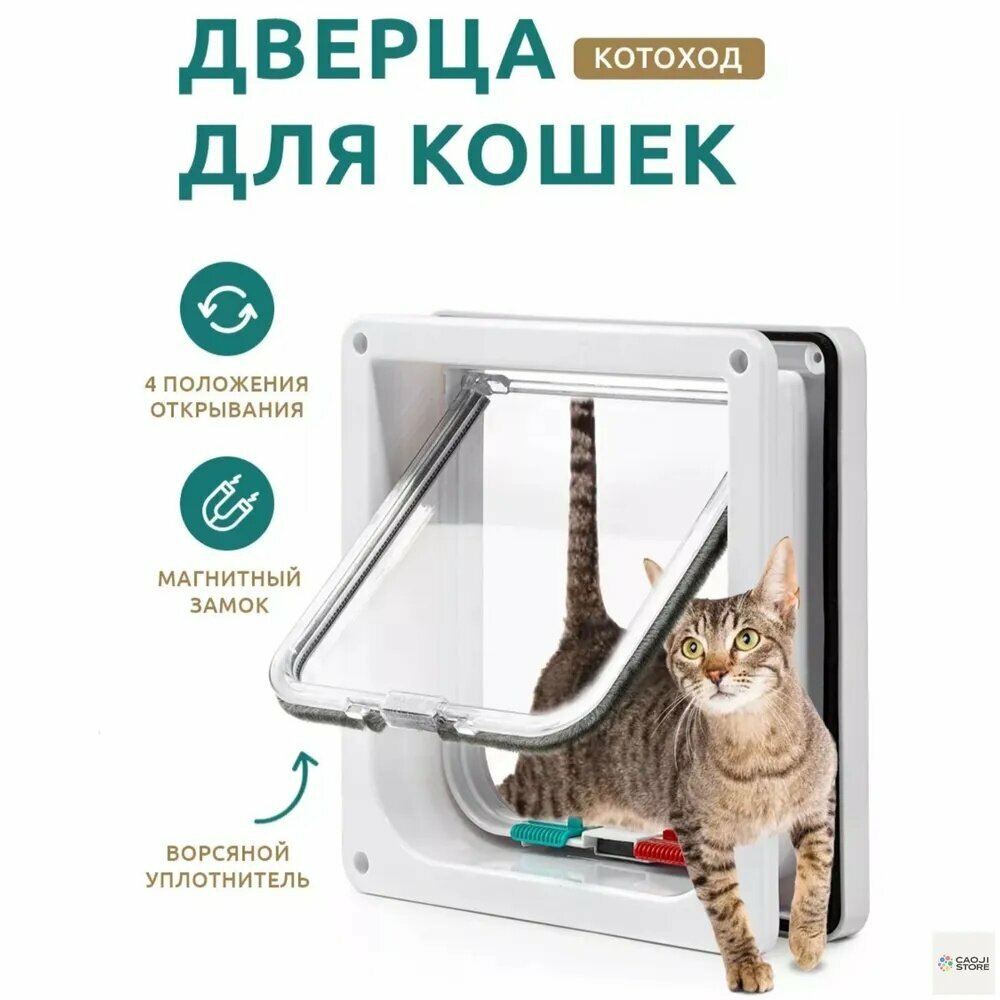 Дверца-лаз для кошек и собак, 20x19 см,(толщина 1,5 см) магнитный замок, 4 режима работы, защита от сквозняков. Для межкомнатных и балконных дверей.