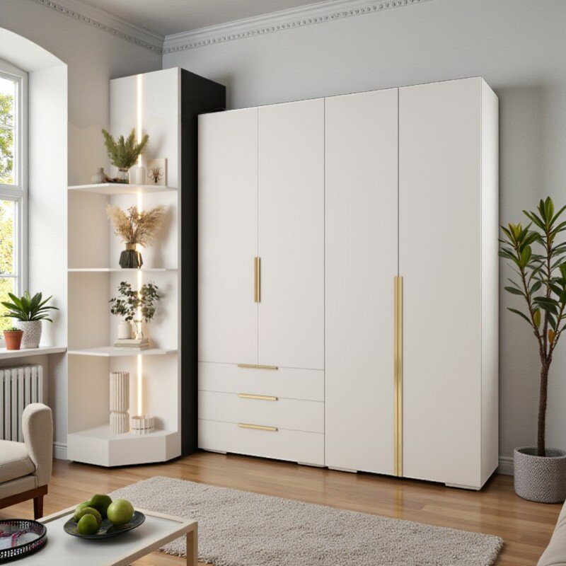 Распашной четырехсекционный шкаф Мори - 8 (с 3 ящиками) Белый Снег 8685 BS NOW 210*50*230 см Фиеста