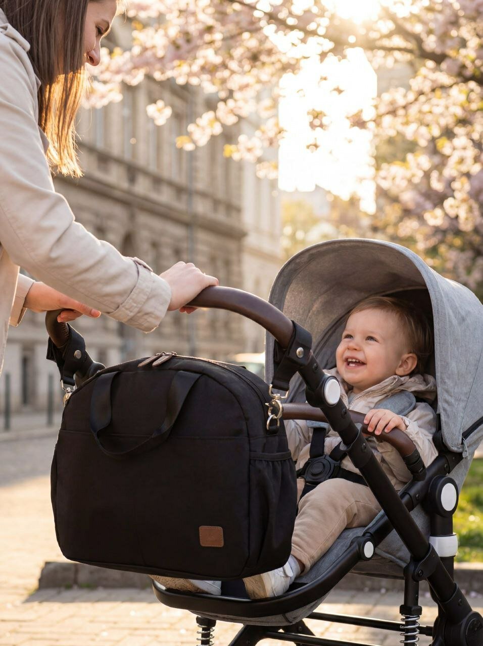 Сумка на коляску StrollerAcss с креплениями, непромокаемая, 2 термокармана, чёрная стильная