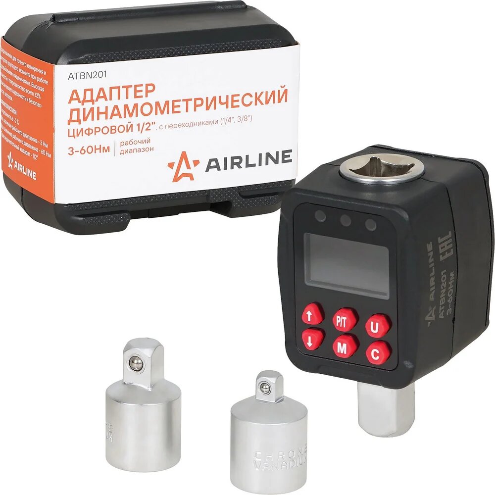 Адаптер динамометрический цифровой AIRLINE 1/2 3-60Нм, с переходниками,1/4, 3/8, кейс ATBN201