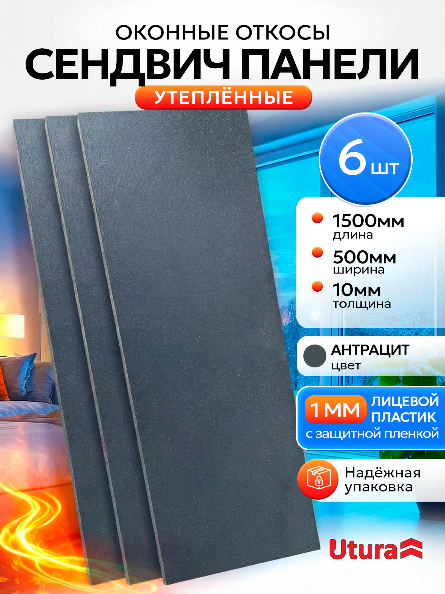 Откос оконный утепленный Антрацитовый для отделки окон 6 штук ПВХ 500х1500 мм