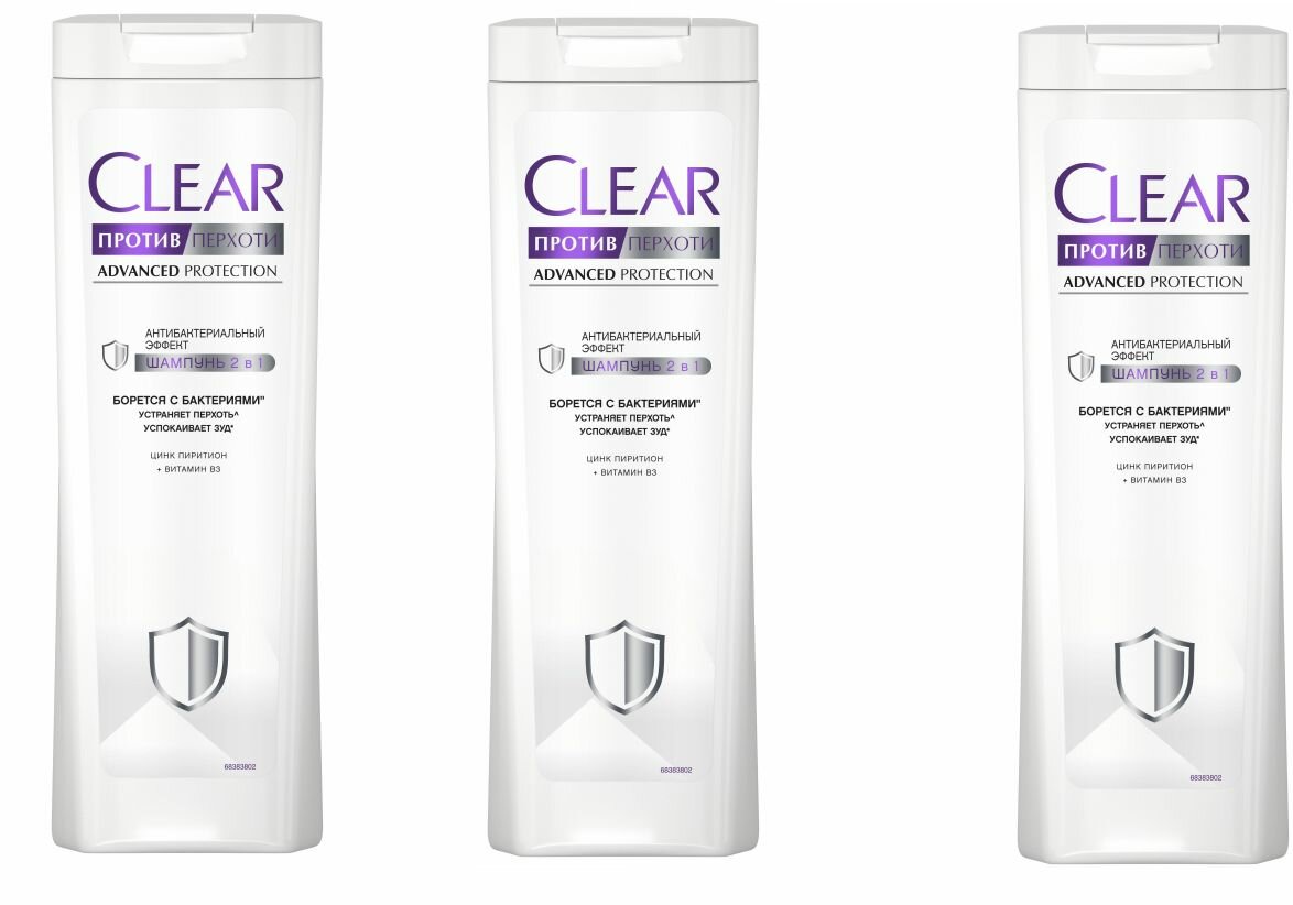 Clear Шампунь Антибактериальный эффект 2 в 1 380 мл, 3 уп