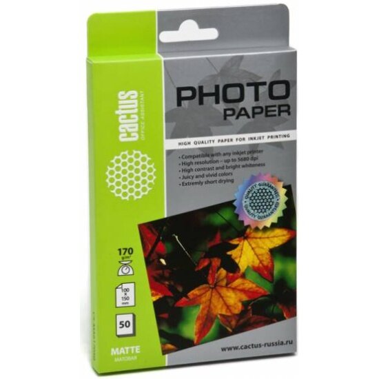 Фотобумага Cactus CS-MA617050 10x15/170г/м2/50л./белый матовое для струйной печати