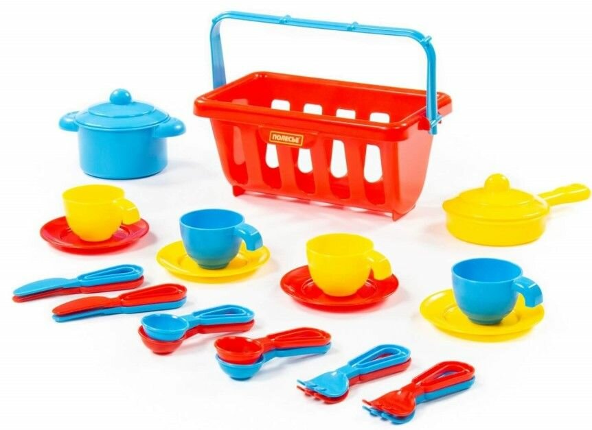 Корзина с детской игрушечной посудой TOP chef на 4 персоны, сюжетно-ролевой набор для девочек юный повар, цвета микс