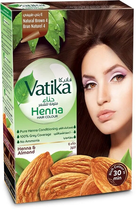 Vatika Henna NATURAL BROWN 4, Dabur (Ватика хна натуральный коричневый 4, Дабур), 60 г. (6 пакетиков по 10 г.)