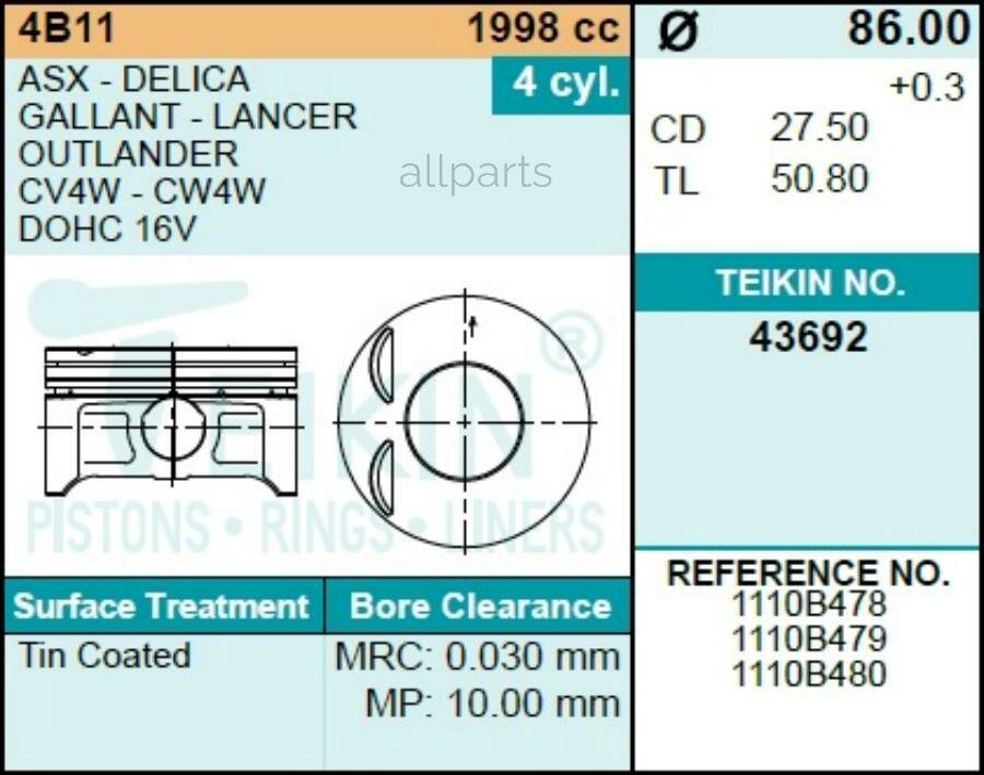 TEIKIN 43692050 Комплект поршней 4B11 +0.50