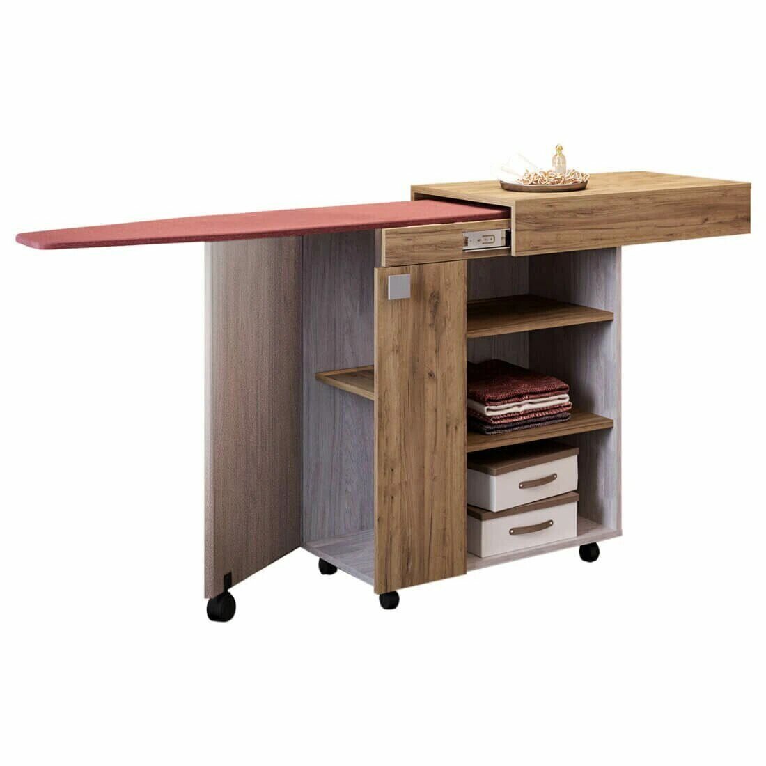 Тумба многофункциональная «Тео» с гладильной доской, ясень белый/крафт (710х462х866)