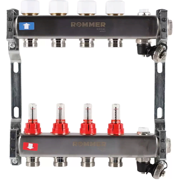 Коллектор из нержавеющей стали с расходомерами ROMMER, с клапаном вып. воздуха и сливом 4 выхода RMS-1201-000004