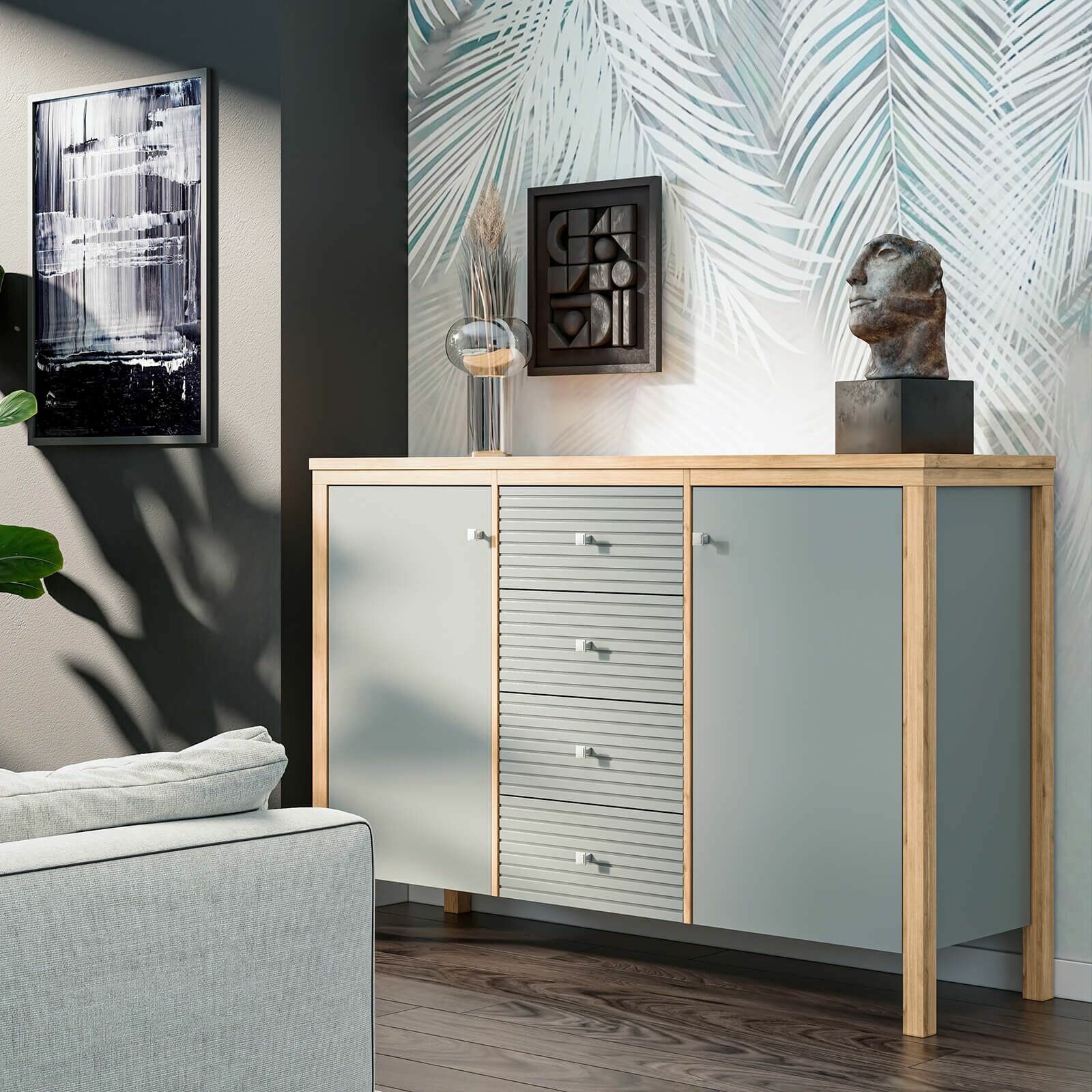 Тумба ММЦ Гостиная Вояж 24 Р/Я (серый №7042/антик 24) из массива сосны