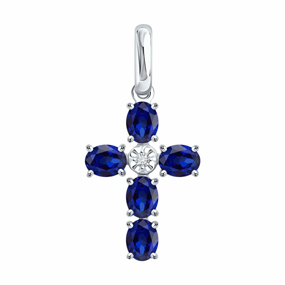 Подвеска, белое золото, 585 проба, бриллиант, сапфир