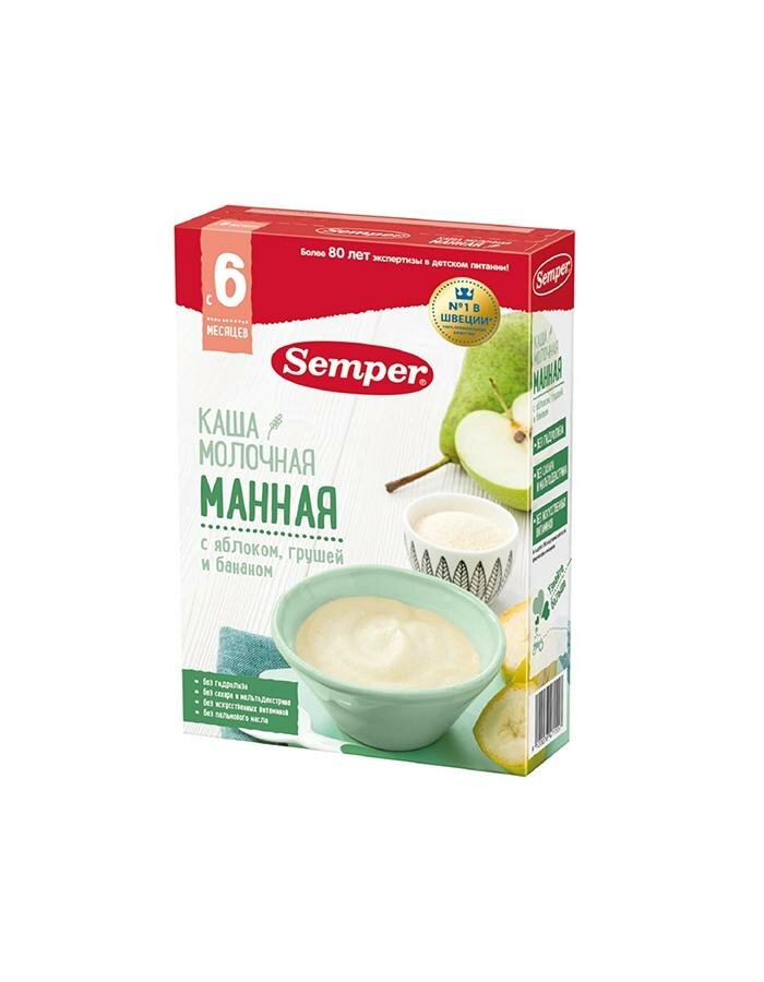 Каша Semper, молочная Манная с яблоком, грушей и бананом 180 г
