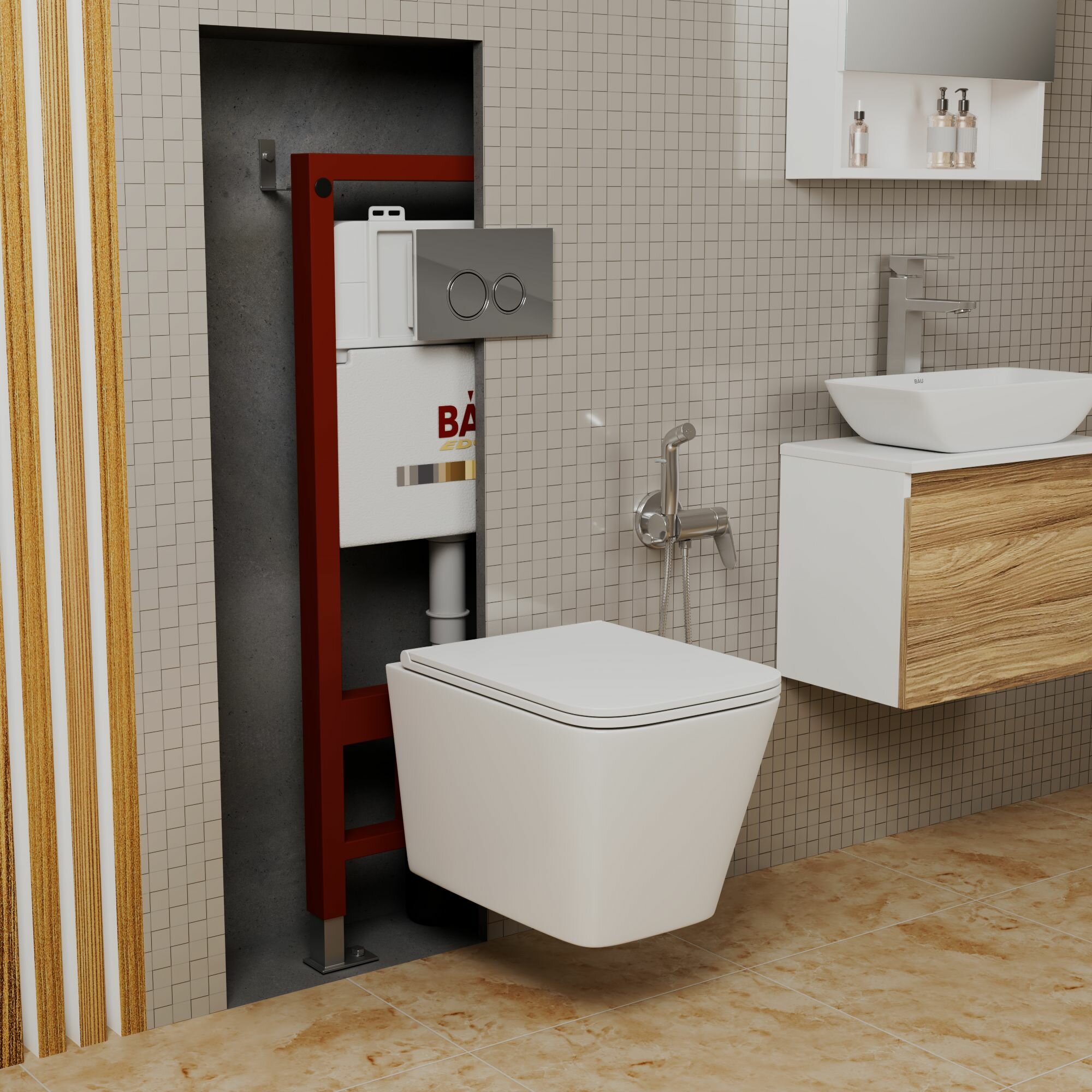 Комплект BAU 6 в 1: инсталляция BAU PRO для подвесного унитаза, унитаз подвесной безободковый смыв торнадоBau Stil Hurricane-5, сиденье быстросъемное микролифт, круглая хромированная клавиша Aquanika