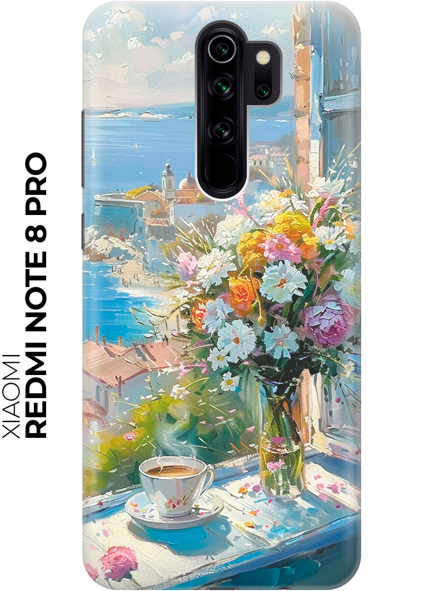 Силиконовый чехол на Xiaomi Redmi Note 8 Pro с принтом "Букет цветов и кофе"